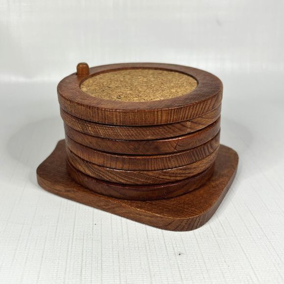 Unbranded | Dining | Wood Cork Coaster Set Stacking Peg Stand Vintage ...
